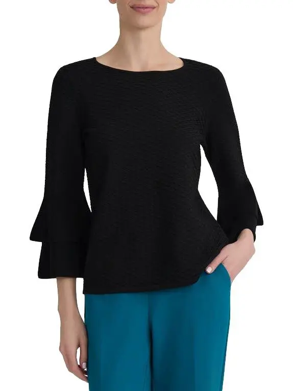 KASPER Textured Ruffle Sleeve Top - Black