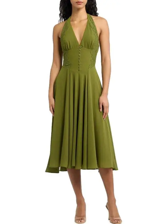 House Of Cb Georgette Lace Fit & Flare Midi Dress - Olive