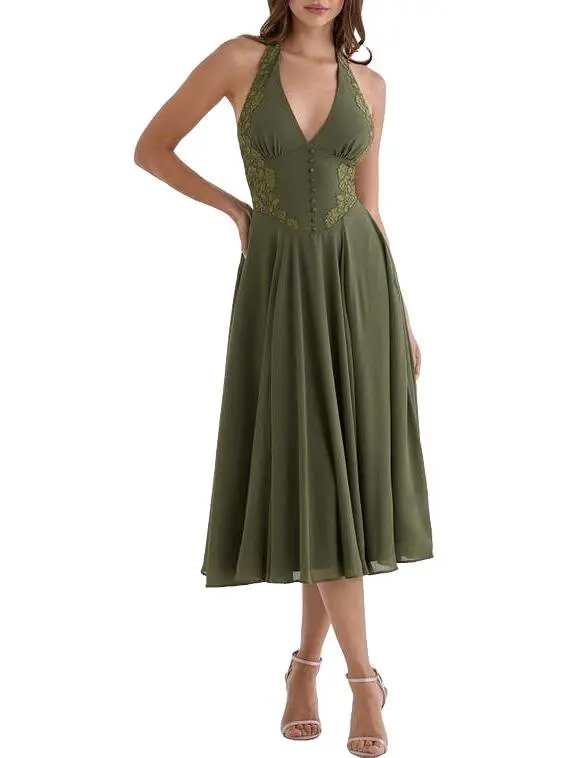 House Of Cb Georgette Lace Fit & Flare Midi Dress - Olive