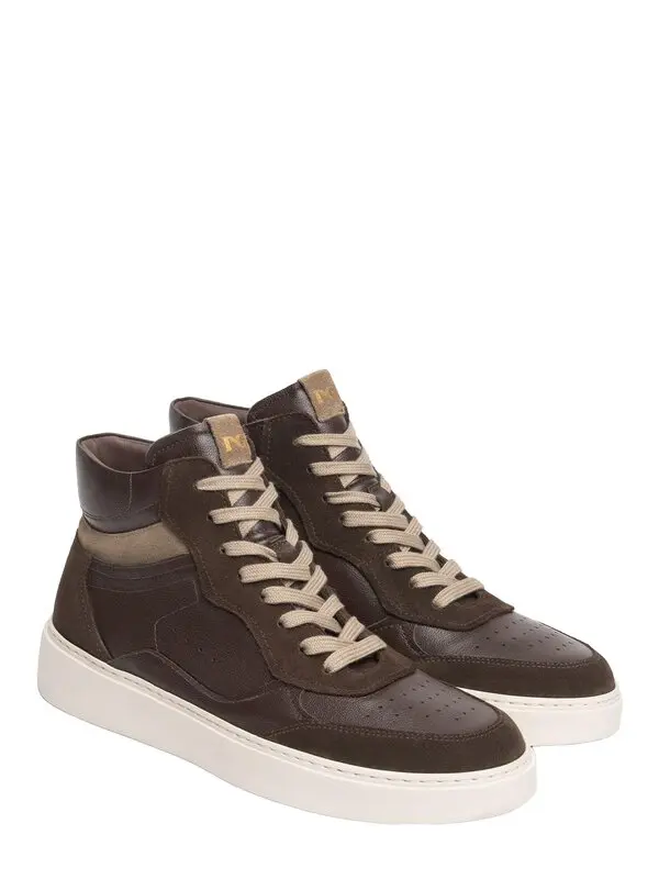NEROGIARDINI High Top Leather And Suede Sneakers - Chocolate