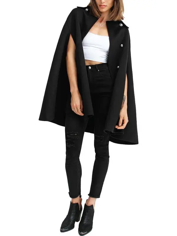 BELLE & BLOOM Double-breasted Wool Blend Cape - Black