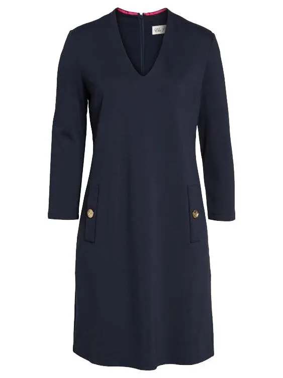 Eliza J Button Pockets Ponte A-line Dress - Navy