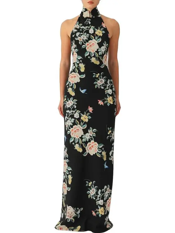 SAU LEE Georgia Floral Halter Gown - Black