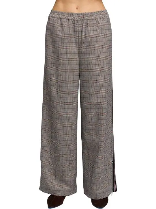 Central Park West Plaid Wide-leg Track Pants - Brown