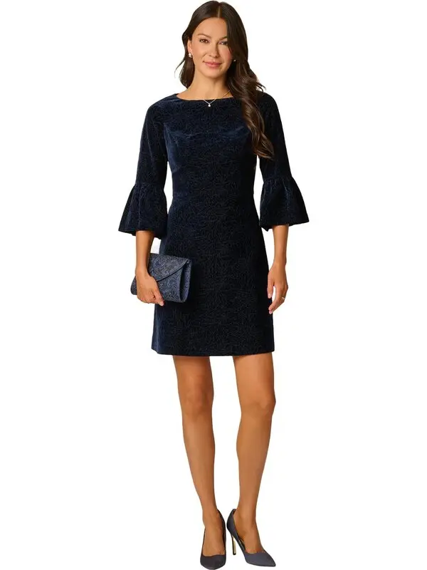 Adrianna Papell Bell Sleeve Floral Stretch Burnout Velvet Mini Dress - Navy
