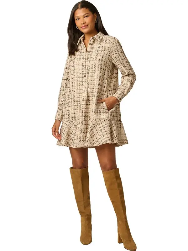 Adrianna Papell Long Sleeve Tweed Short Hailey Dress - Parchment