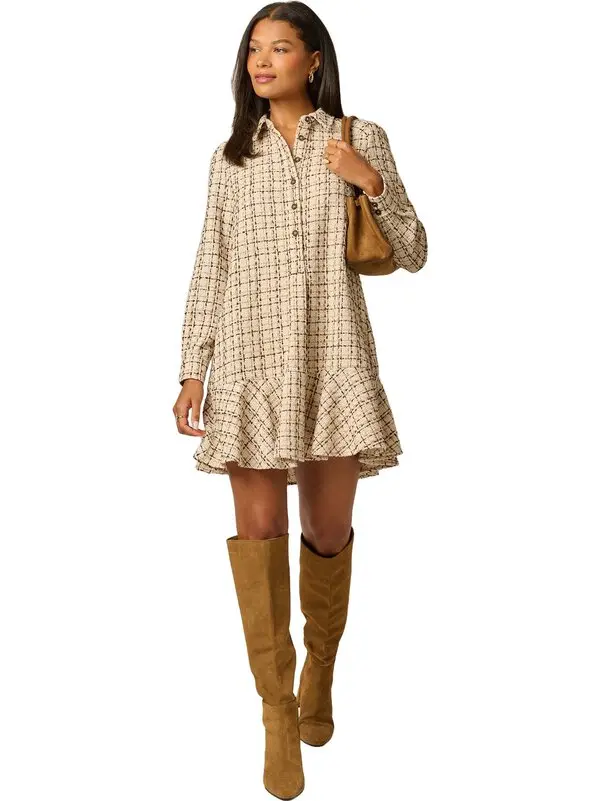 Adrianna Papell Long Sleeve Tweed Hailey Dress - Parchment