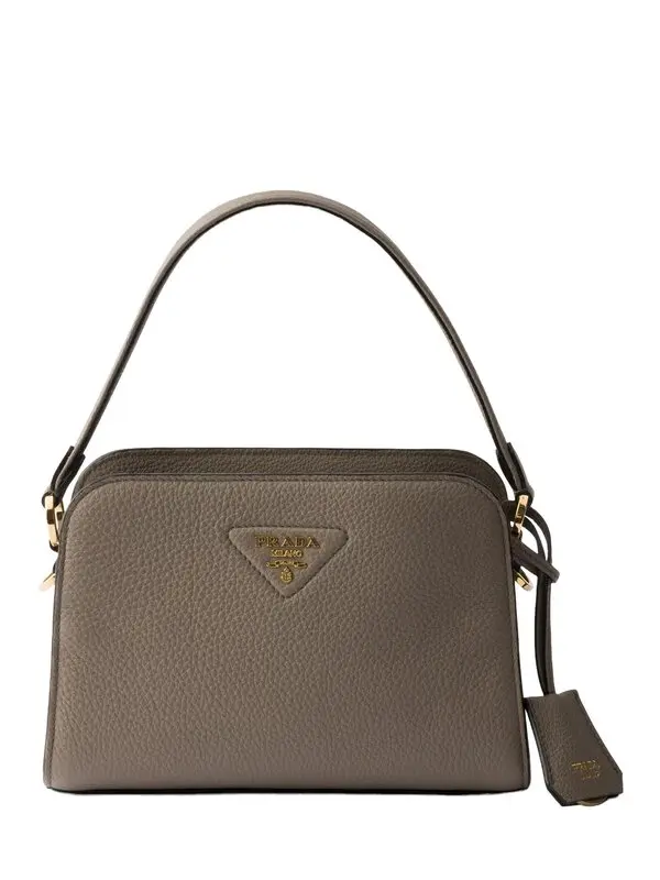 Prada Leather Mini Handbag With Metal Lettering Logo - Grey