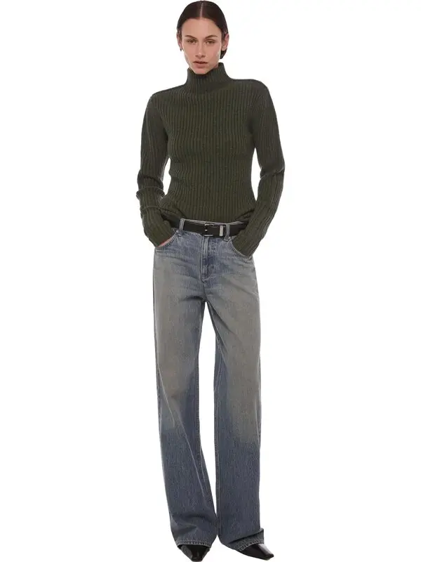 Helmut Lang Wool Mock Neck Ribbed Sweater - Thyme