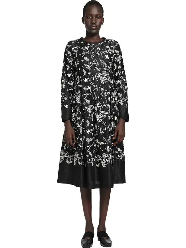 RENLI SU Floral Embroidered Cotton Silk Midi Dress - Black&white