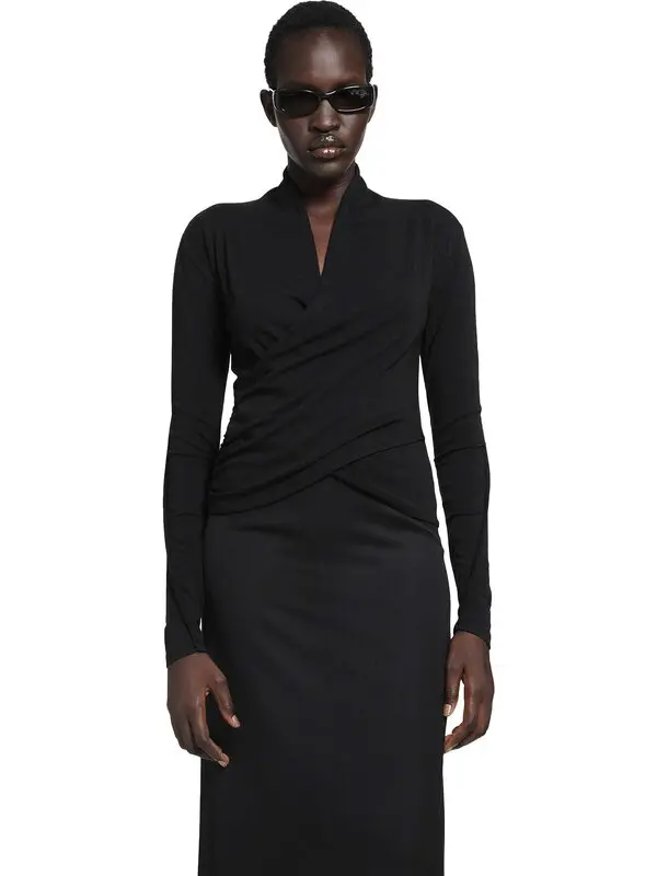THOM KROM Stretch Cotton Modal Wrap Top - Black