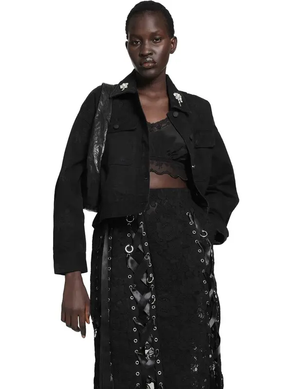 Simone Rocha Cropped Floral Denim Jacquard Jacket With Embellished Collar - Black