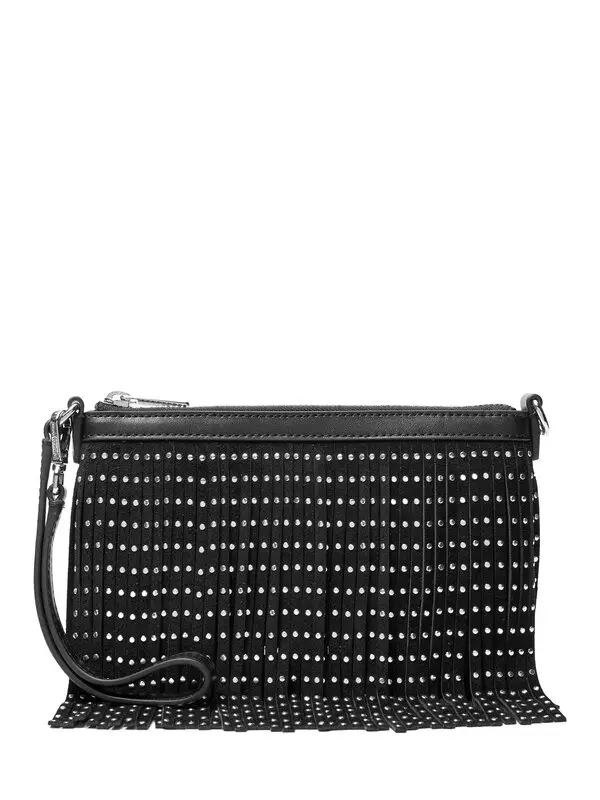 Michael Kors Jet Set Travel Small Studded Fringed Polyester Microsuede Wristlet - Black