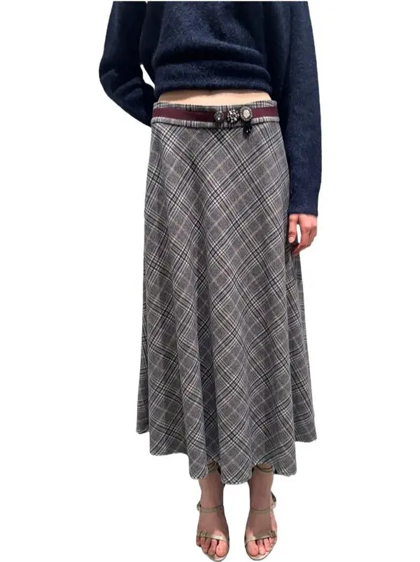 Max Mara Check-pattern Embellished-belt Midi Skirt - Black