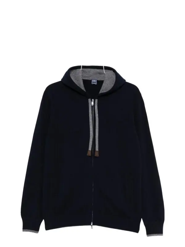 Fedeli Zip-up Drawstring Knitted Hoodie - Navy Blue