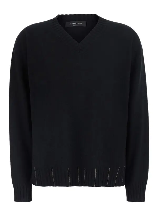 Fabiana Filippi Long Sleeve V-neck Sweater With Ribbed Details - Black