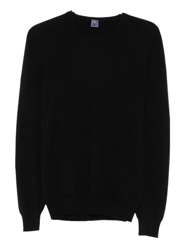 Fedeli Crew Neck Long Sleeve Fine Knit Sweater - Black