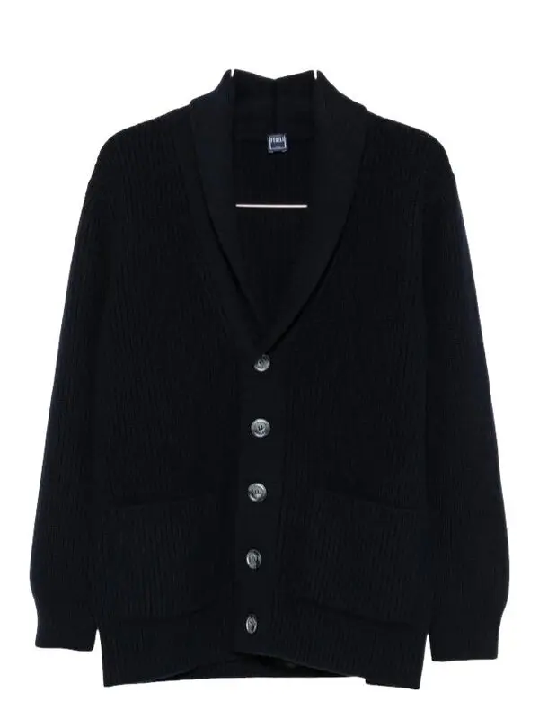 Fedeli Ribbed Knit Shawl Collar Cardigan - Navy Blue