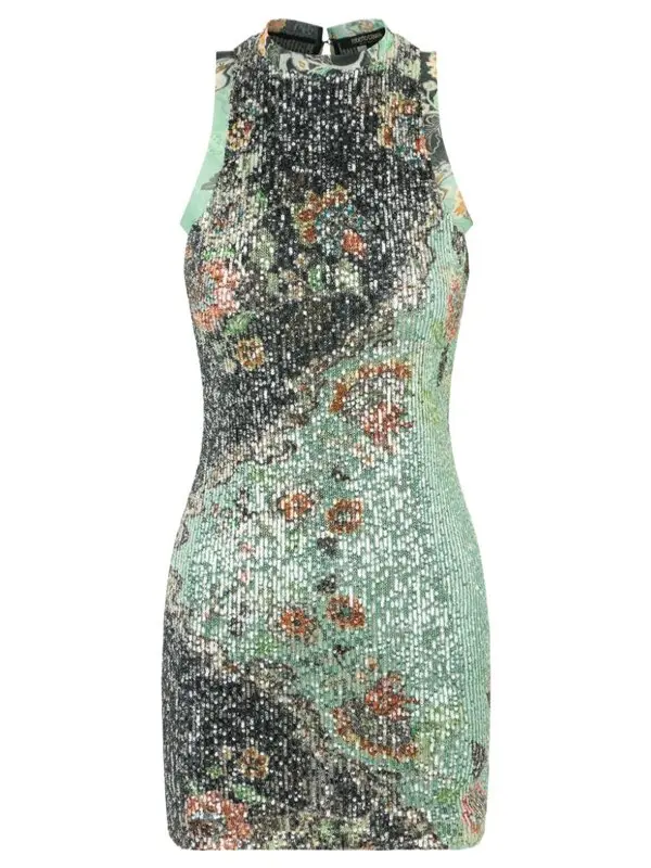 Roberto Cavalli Sequin-embellished Floral-print Mini Dress - Green/black