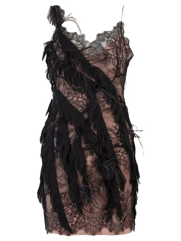 Alberta Ferretti Feather Embellished Spaghetti Strap Mini Dress - Black