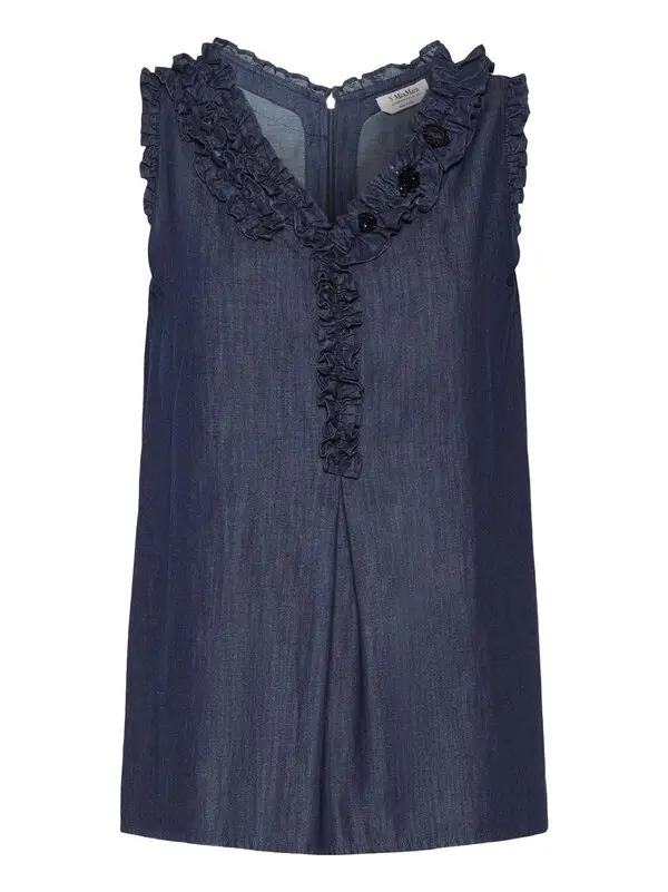 Max Mara Sleeveless Cotton Denim Top With Ruffle Detail - Midnight Blue