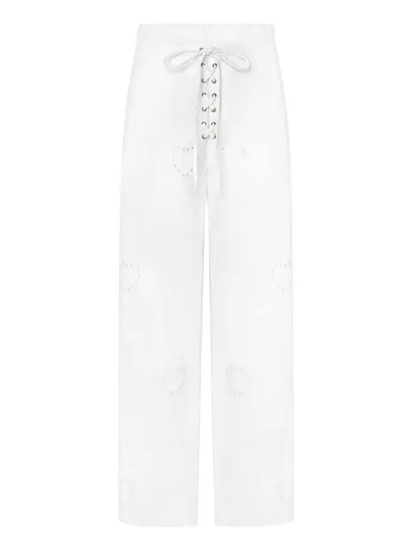 PAR Y ESCALA Rafaela Lace-up Cotton Trousers With Heart Cutwork - White