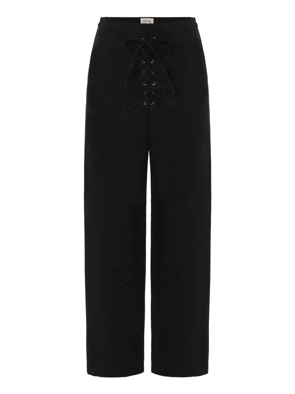 PAR Y ESCALA Sl Rafaela Cotton Trousers With Cutwork Lace-up Detail - Black