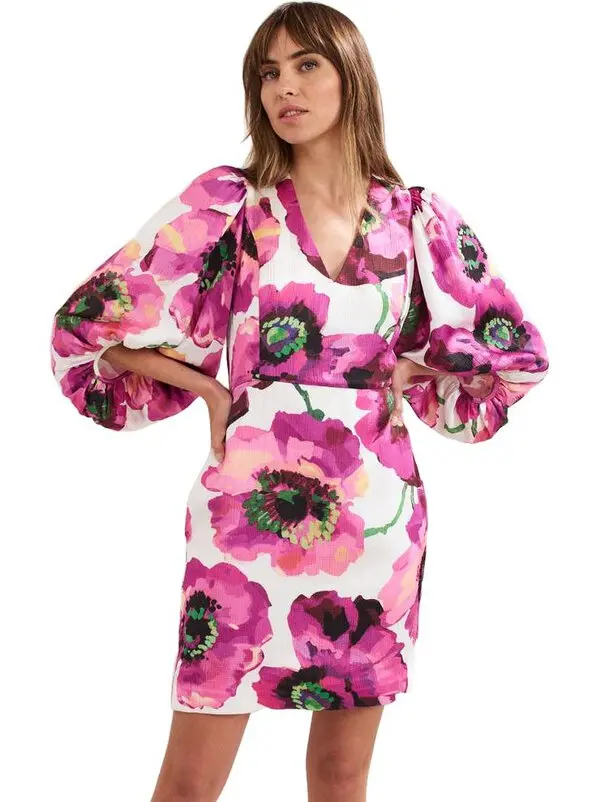 PHASE EIGHT Fiona Puff Sleeve V-neck Dress - Multi