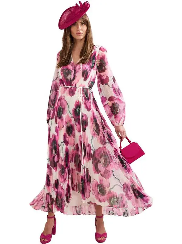 PHASE EIGHT Natalia Floral Pleated Maxi Dress - Pink