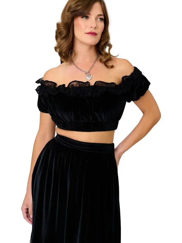 Unique Vintage 1970s Off-the-shoulder Ruffle Crop Top - Black Solid