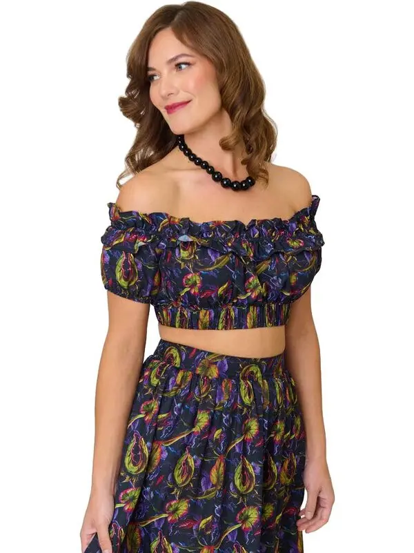 Unique Vintage 1970s Off-the-shoulder Ruffle Crop Top - Purple W/plants Print