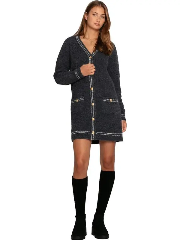 BELLE & BLOOM Textured Knit Cardigan Dress With Gold Buttons - Charcoal