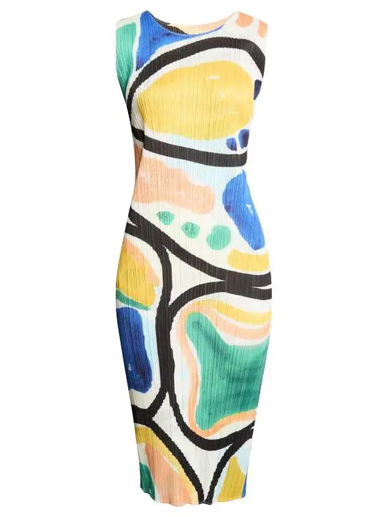 Issey Miyake Roll Pleated Sleeveless Midi Dress - Blue Multi