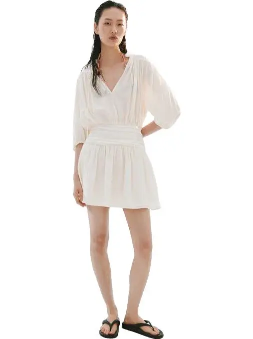 H&M Draped Tunic Dress With Puff Sleeves - Cream