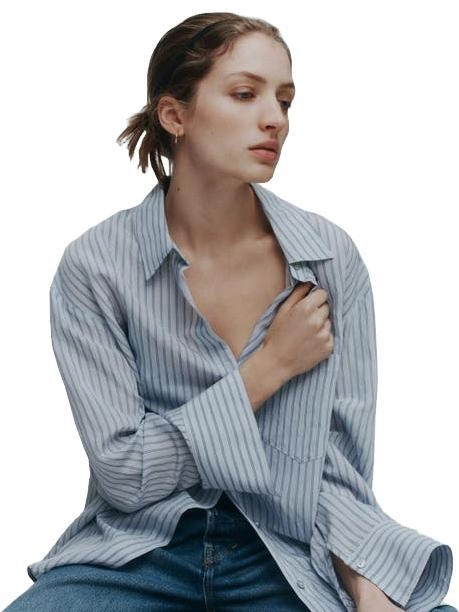 H&M Oversized Crinkled Shirt With Classic Collar - Light Blue/striped