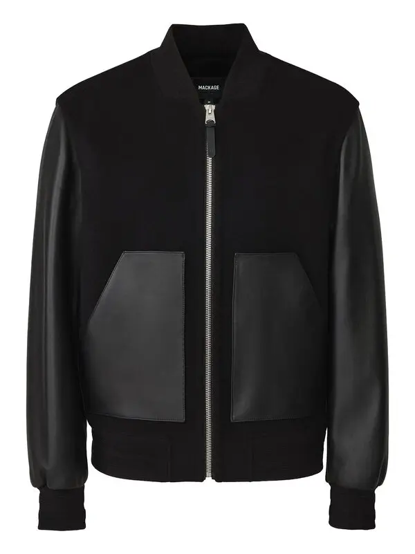 Mackage Tripp Wool Bomber Jacket With Leather Sleeves - Black