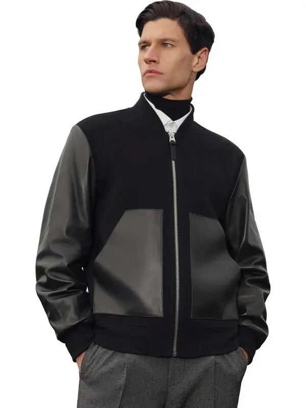Mackage Tripp Wool Bomber Jacket With Leather Sleeves - Black