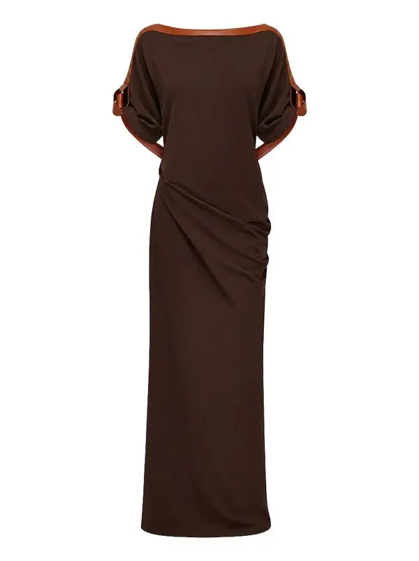 FERRAGAMO Long Viscose Dress With Leather Trim - Brown