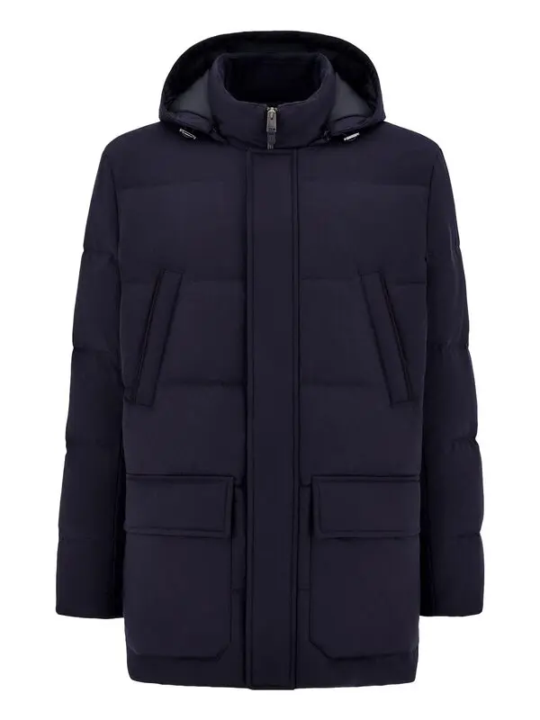 Canali Navy Quilted Wool Down Car Coat - Blue