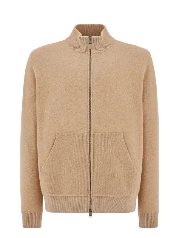 Canali Camel Wool, Cotton And Cashmere Full-zippered Straight-cut Sweatshirt - Beige