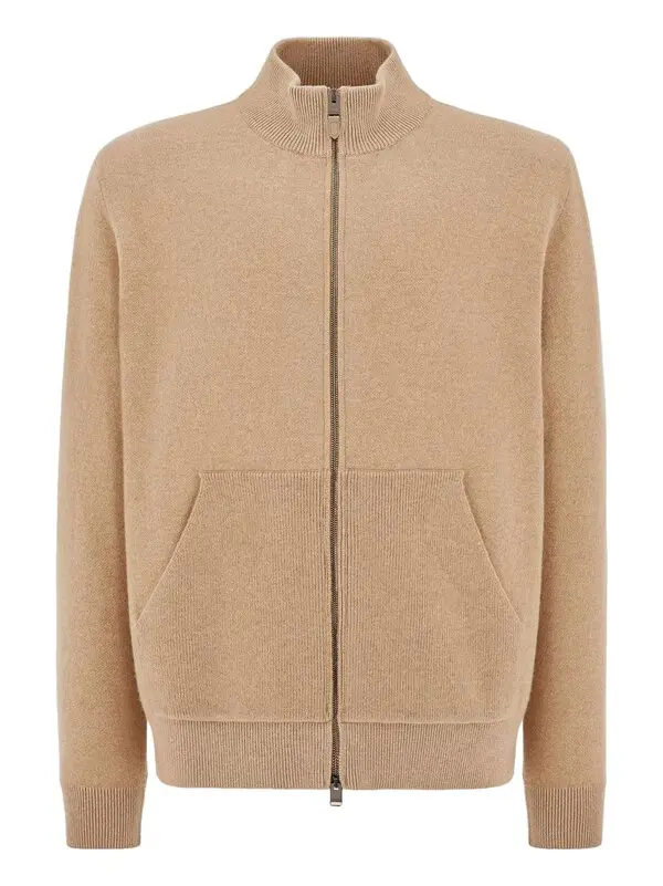 Canali Camel Wool, Cotton And Cashmere Full-zippered Straight-cut Sweatshirt - Beige
