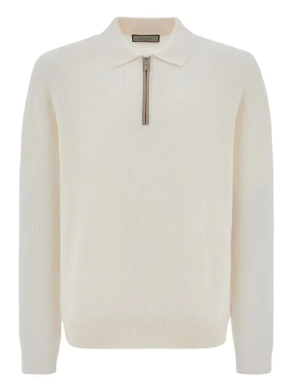 Canali Wool And Cashmere Blend Zip-up Polo Shirt With Nubuck Details - White