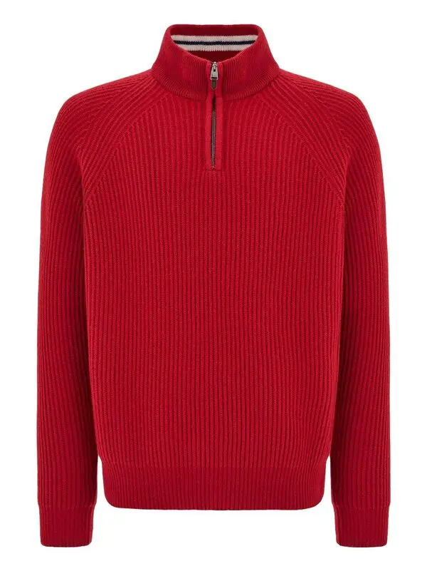 Canali Cashmere English Rib Zip Mock Neck Sweater - Red