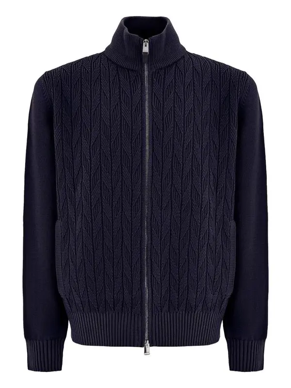 Canali Navy Macro-structured Wool Zippered Cardigan - Blue