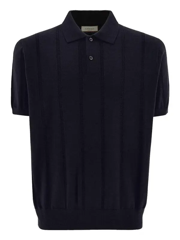 Canali Navy Merino Wool Structured-rib Polo Shirt - Blue