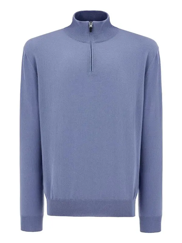 Canali Zip-up Mock Neck Sweater - Light Blue