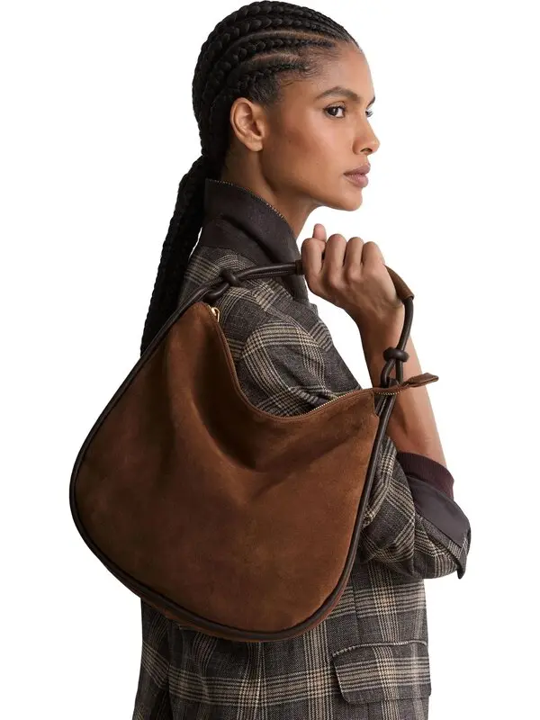 REISS Aurelie Suede And Leather Curved Shoulder Bag - Tan