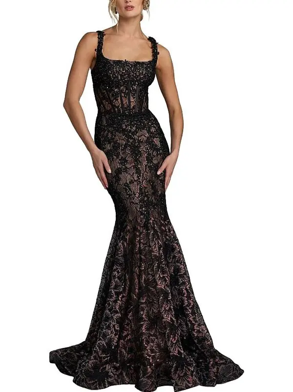 Mac Duggal Petite Sleeveless Embellished Lace Mermaid Gown - Black