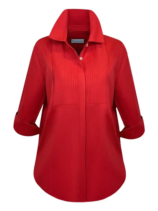 PERLAVERA Missy Fit Pintucked Shirt - Red