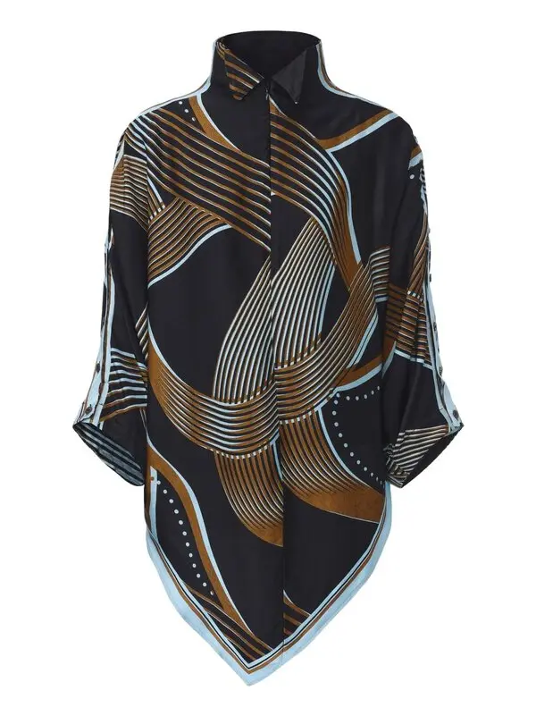 FRONT ROW SHOP Geometric Print Satin Blouse - Black/blue
